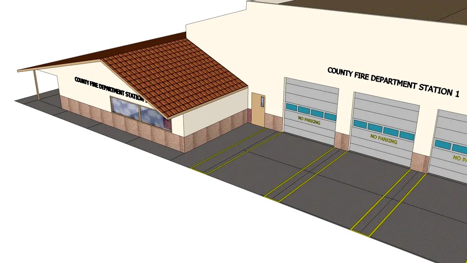 four bay fire station with hose tower. 3d model