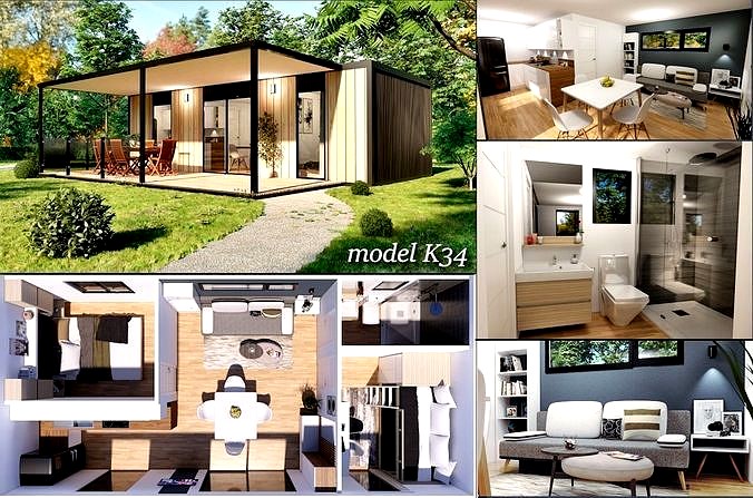 modern mobile home tiny house vacation house on 34m2 K34 3d model