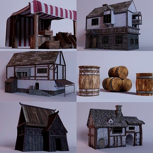 low poly medieval buildings 3d model