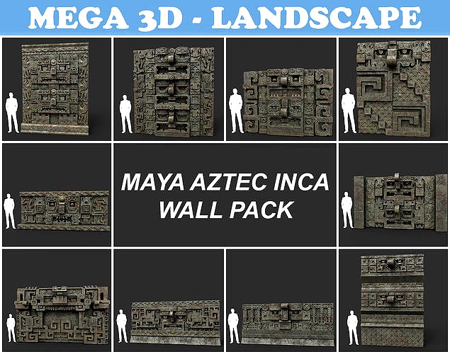 Low poly Mayan Inca Aztec Wall Modular Pack Mossy 210616 3d model