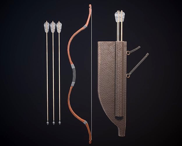 Curved bow with arrows and a cover 3d model