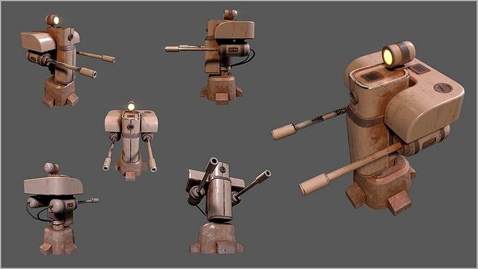 Stylized Gun Turret Equipped With Searchlight 3d model