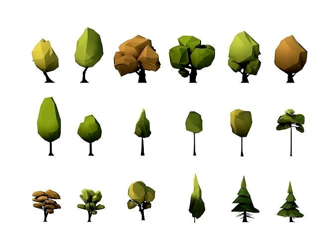 Cartoon Low Poly 18 Trees Pack 3d model