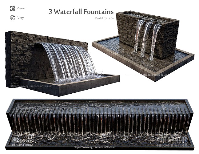 3 Waterfall fountains wide rock panel 3d model