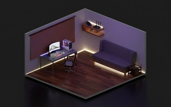 isometric minimalist gaming room 3d model