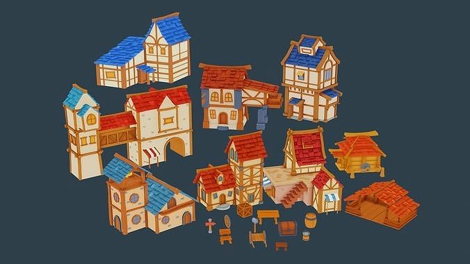 Stylized Medieval town pack 3d model