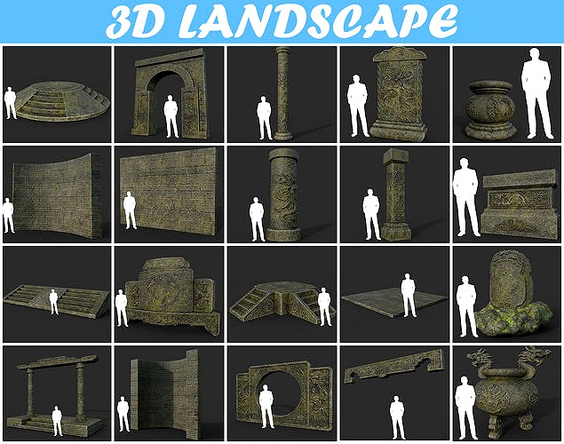 Low poly Ancient Dragon Temple Element Pack - Mossy 3d model