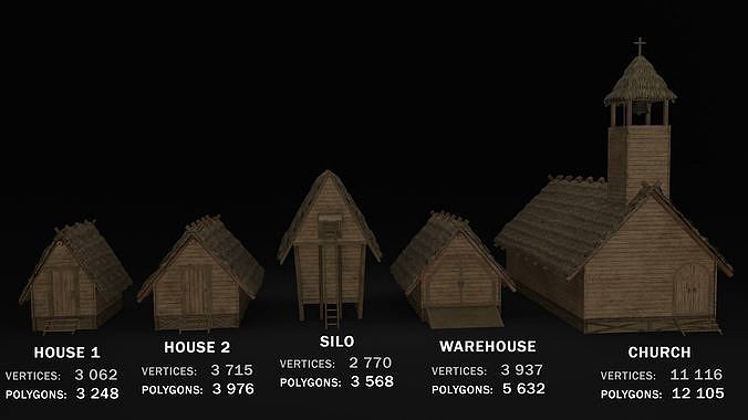 Medieval Village 5 piece Pack 2x House Warehouse Silo Church 3d model