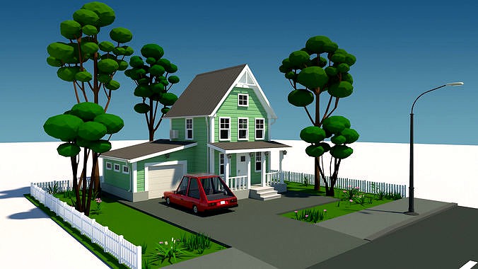 Cartoon House With Car 3d model