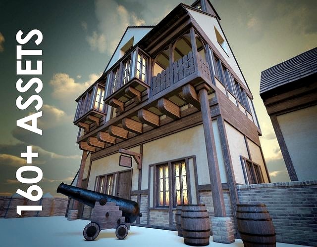 Medieval Town House with over 160 piece Modular Asset Kit 3d model
