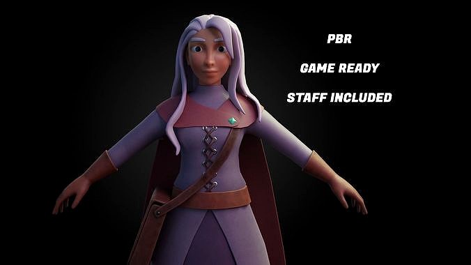 Female Mage Cartoon - Game Ready Character 3d model