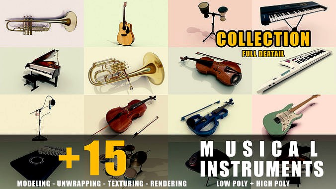 musical instruments collection full detail low and high poly 3d model