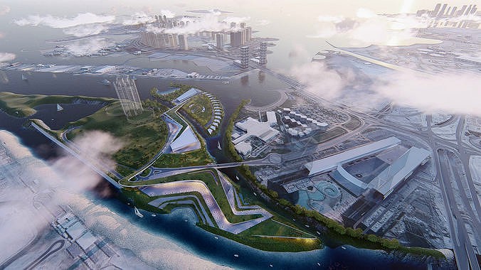 Mixed use urban design animated with 3d grass model