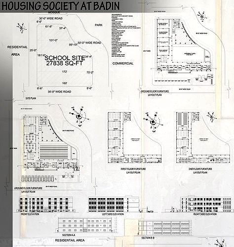 school design AutoCad 2d and skp 3d model