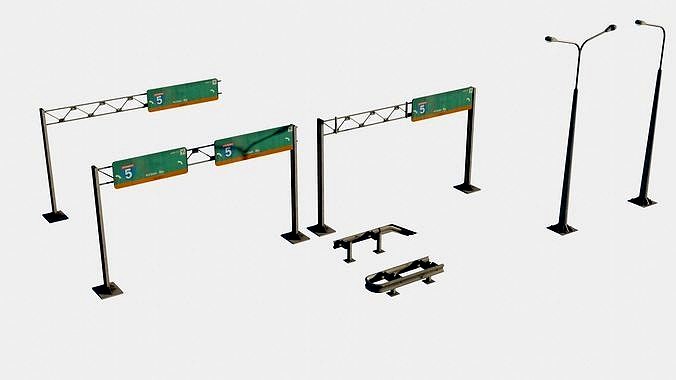 highway guard rail signs and street lights with 4k pbr textures 3d model