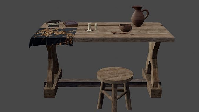 Medieval Wood Table with environment - Game ready 3D model