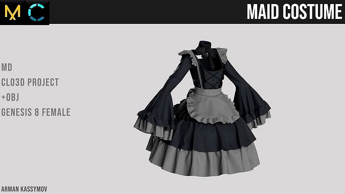 Maid costume Marvelous designer project obj 3d model
