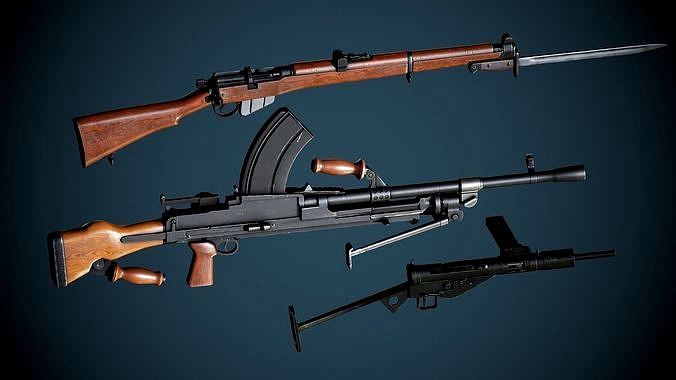British WW2 Weapons pack - Lee Enfield - STEN - BREN machine gun 3d model