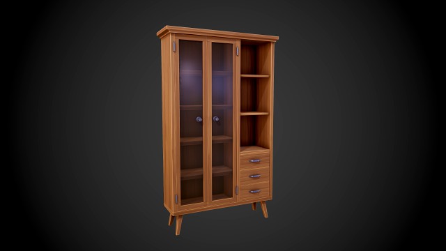 stylized wooden cupboard with glass doors low-poly 3d model