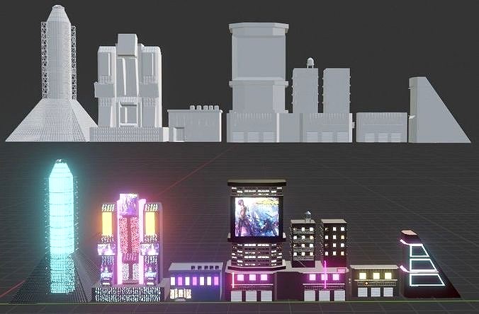 cyberpunk buildings low poly pack 3d model