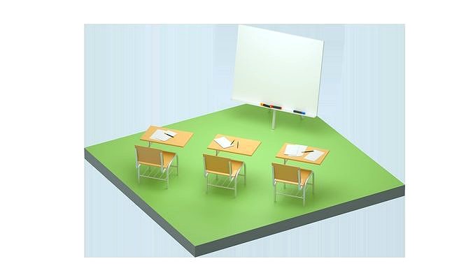 3D Low-poly isometric classroom with seats and stuff model