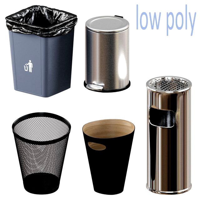 5 trash bin low poly 3d model