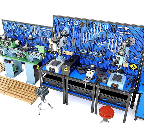 Industrial workbench garage tools and TV4 lathe drilling machine 3d model