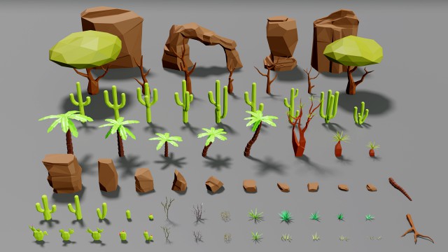 desert pack lowpoly trees palms cactus rock grass low-poly cartoons 3d ...