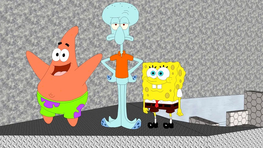 Patrick Squidward & SpongeBob inside the cave standing on a boat 3d model