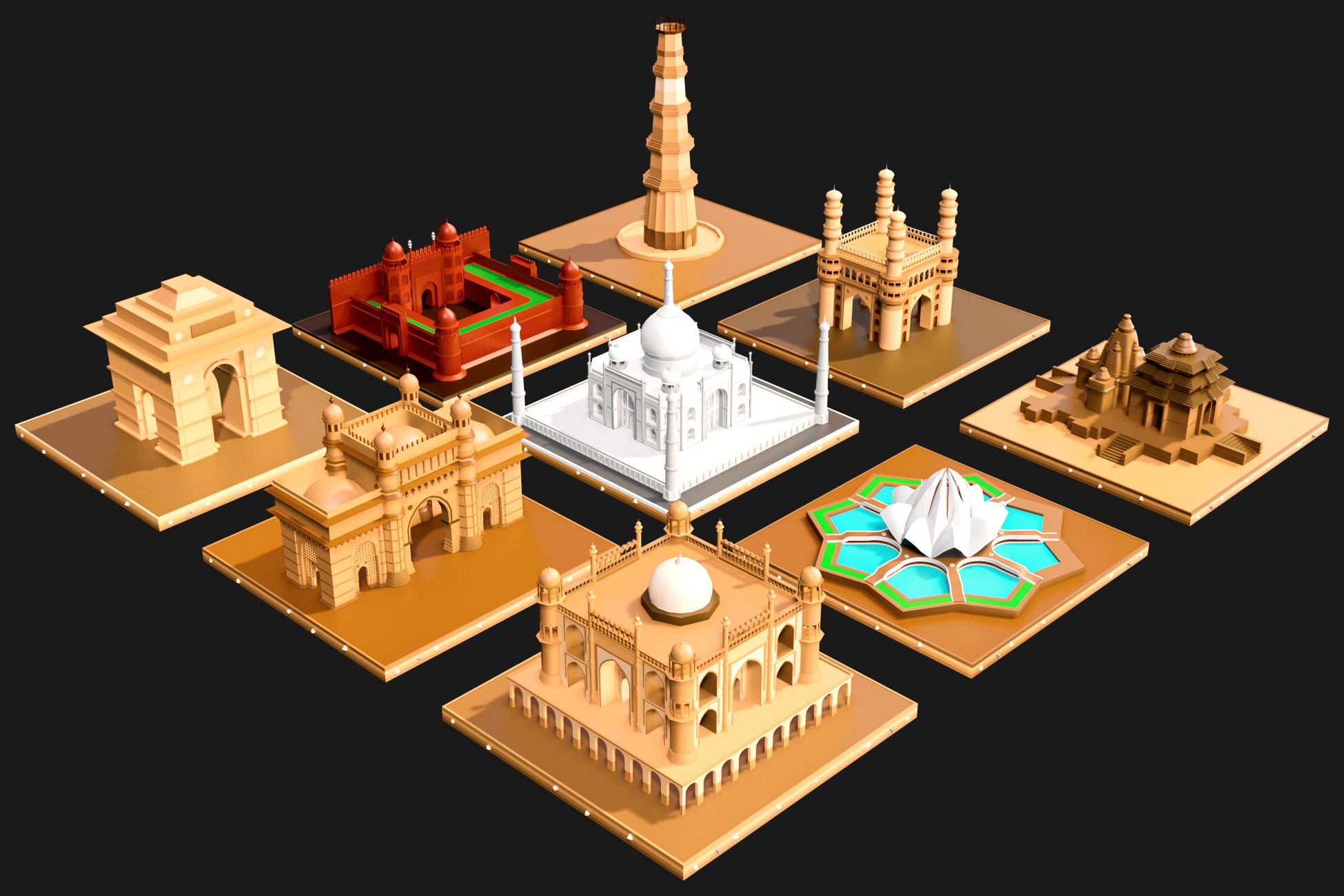 Low Poly Indian Monuments Low-poly Landmarks 3D model