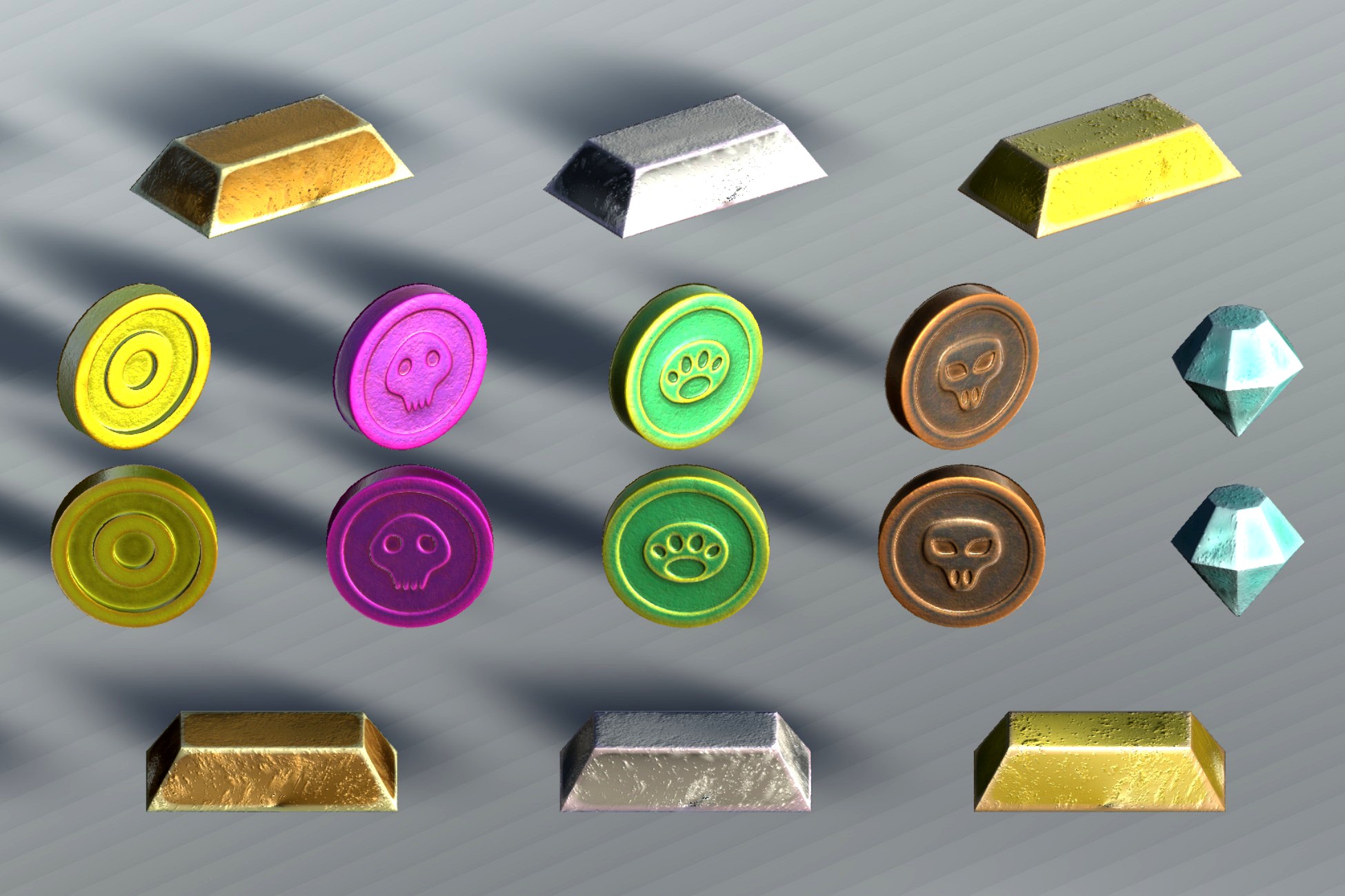 3D Game Currency Pack ( 4 Coins, Diamond and 3 Metal Bars) model