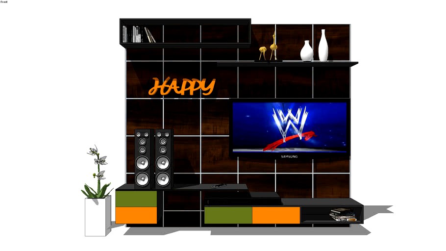 tv unit+ speaker+ flower pot+books+birds+wooden+modern 3d model