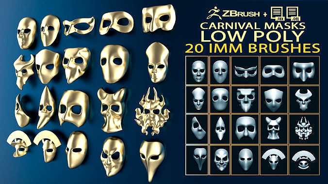 20 Carnival mask shapes low poly Zbrush IMM brush set 3d model