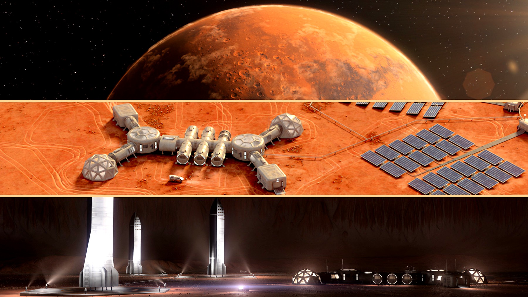 Martian base colony in the crater. Planet Mars, high detailed animated ...