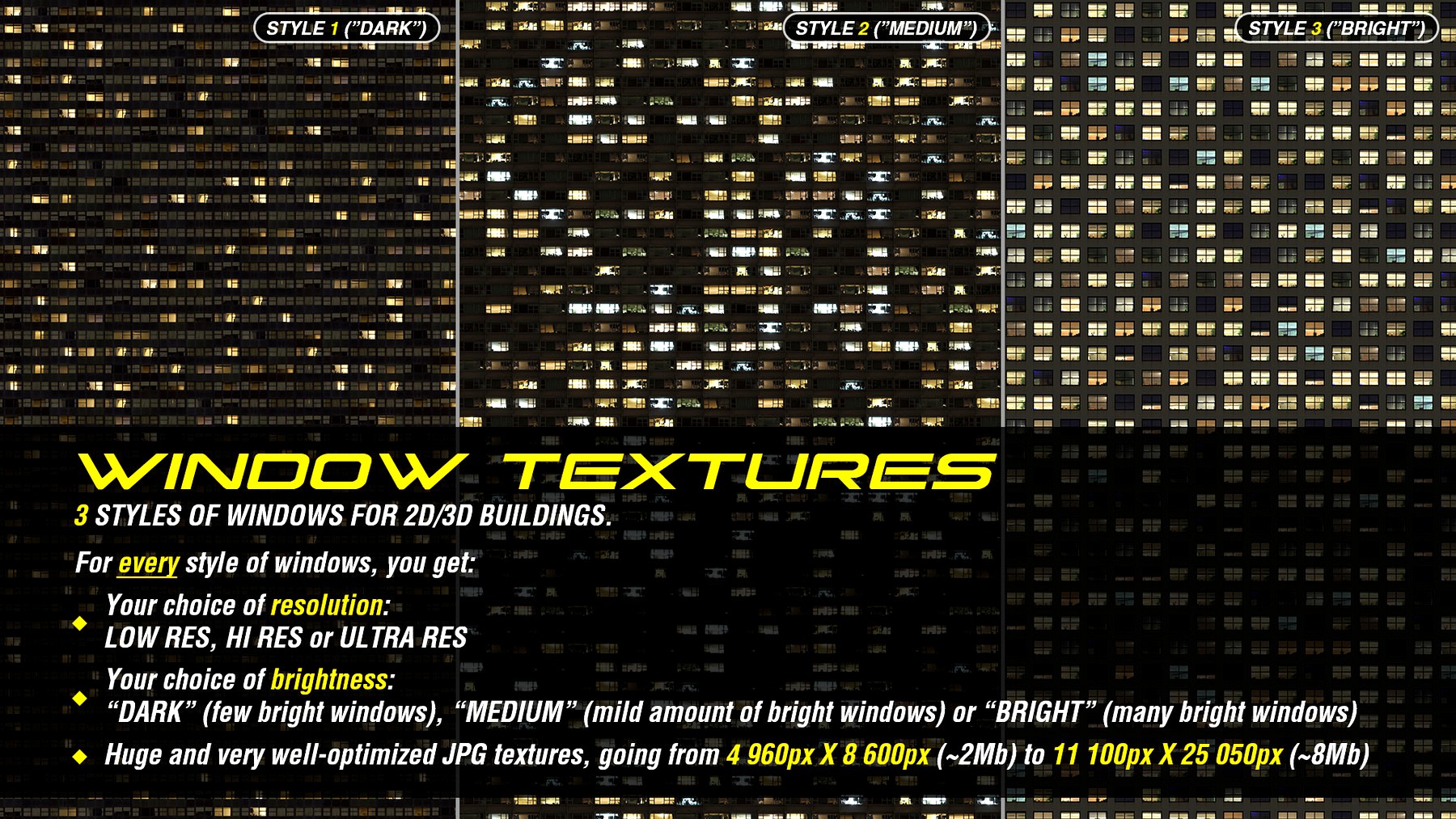 Window textures for 2D or 3D buildings model