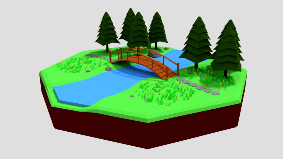 Low Poly Cartoon Forest Bridge Scene 3d model