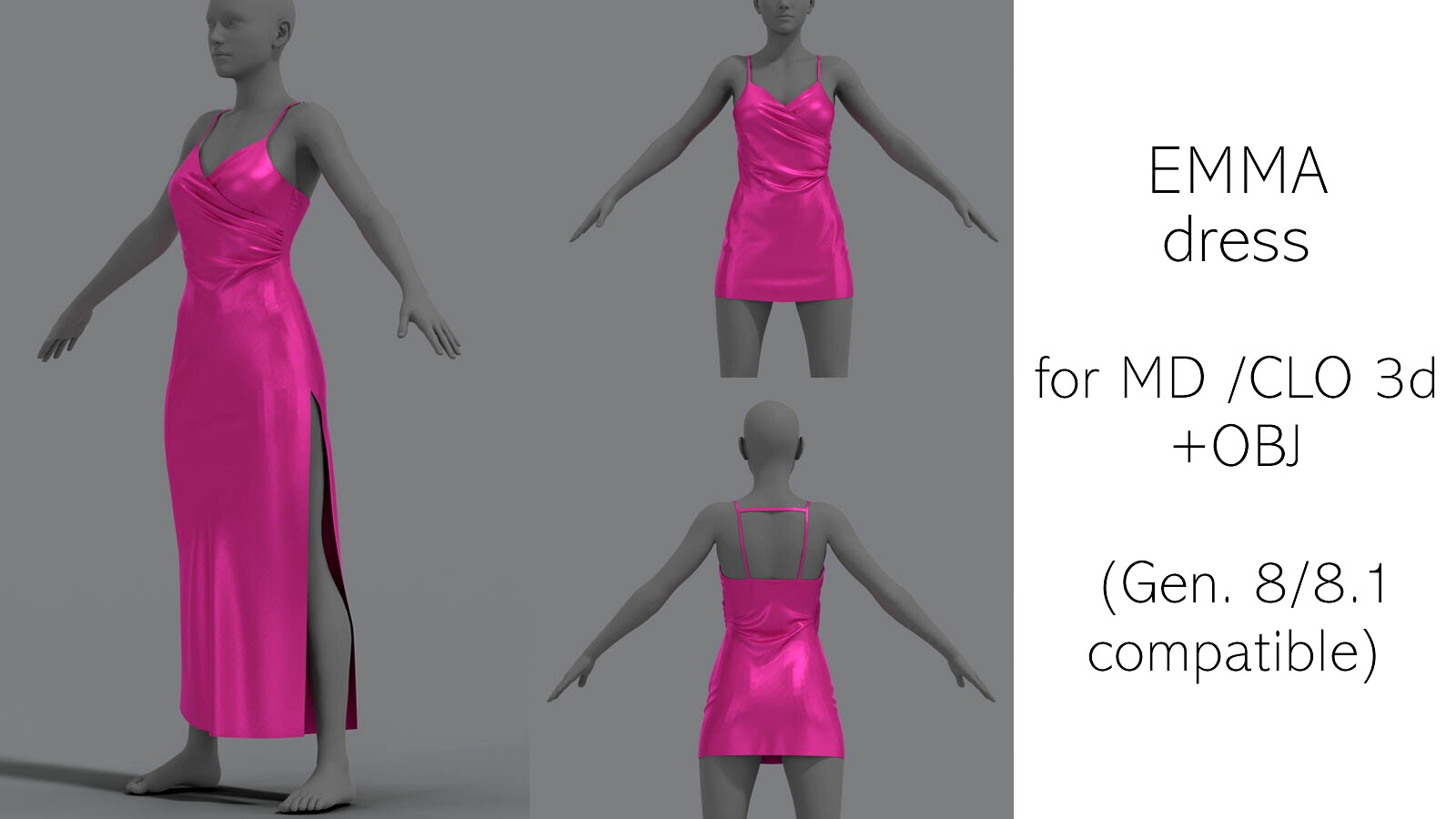 EMMA bias cut dress / MD / CLO 3D project / OBJ / Genesis compatible model