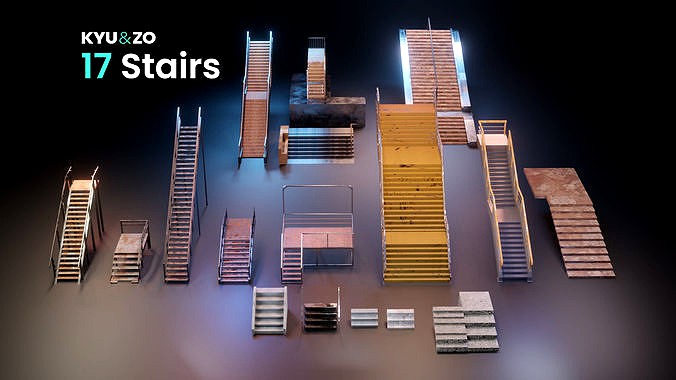 17 PBR Low Poly Stairs 3d model