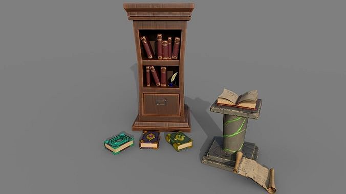 Stylized set stone stand bookcase books papyrus scrolls 3d model