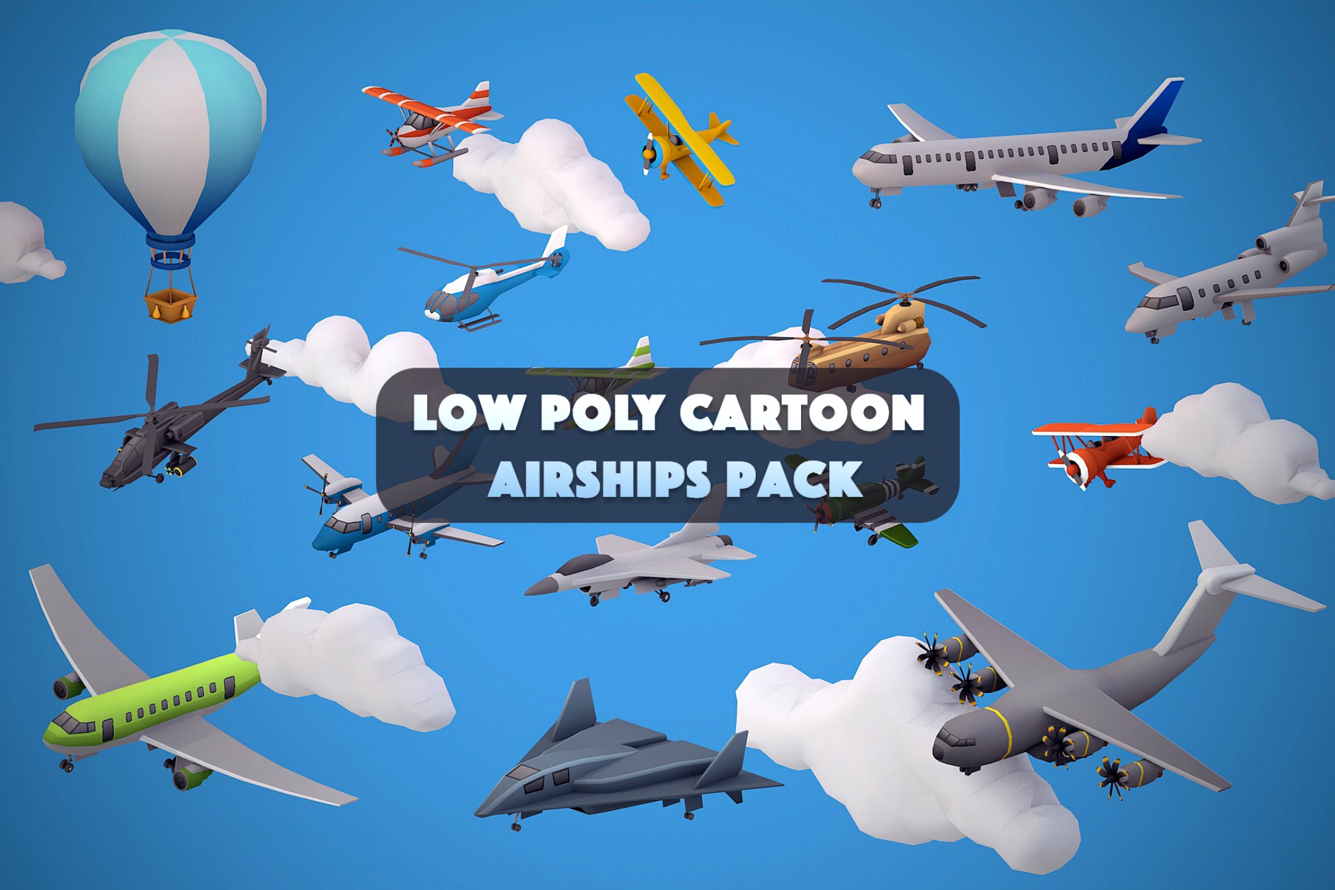 Low Poly Cartoon Airships Pack 3d model