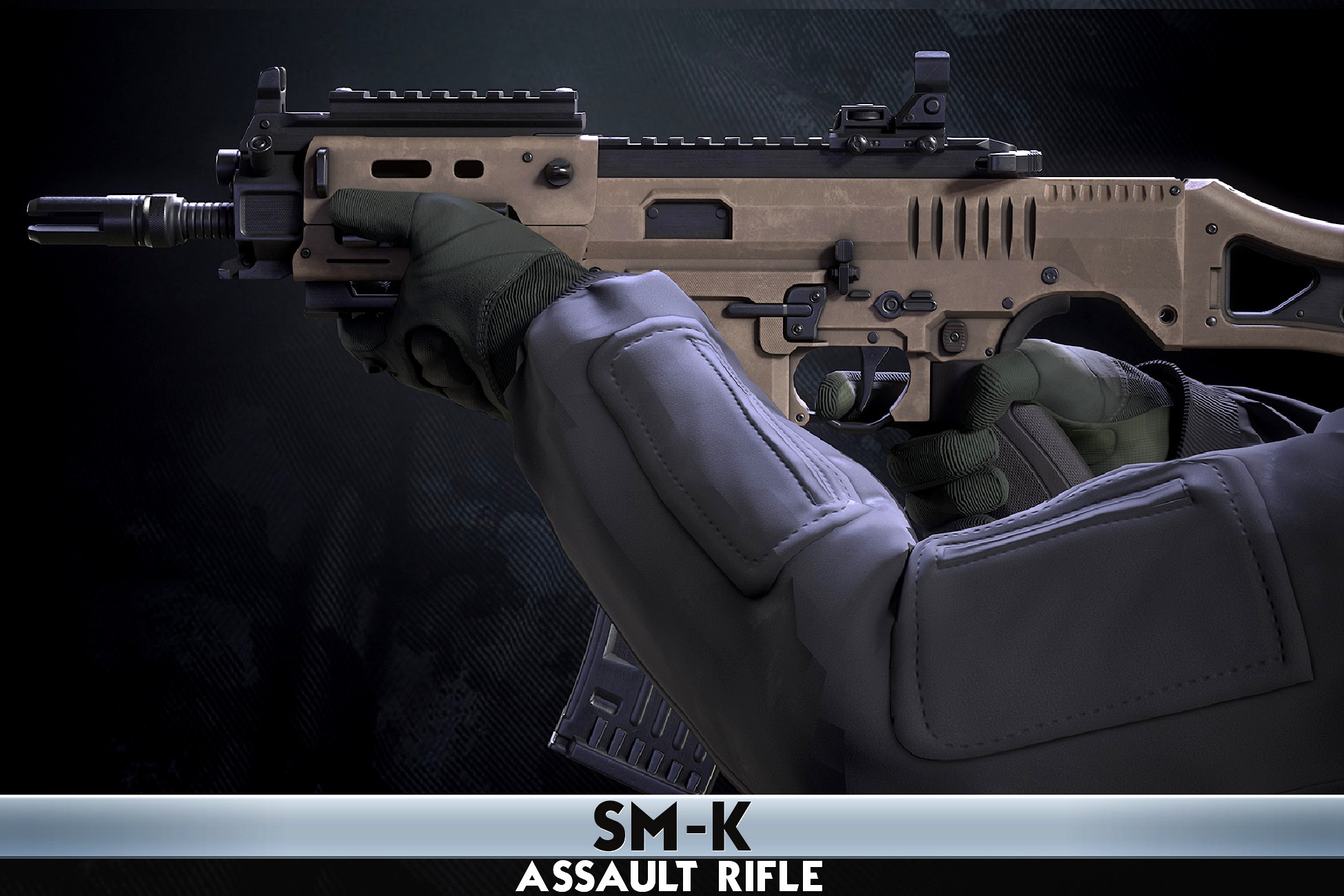 SM-K Assault Rifle With Hands And Weapon Case 3d model
