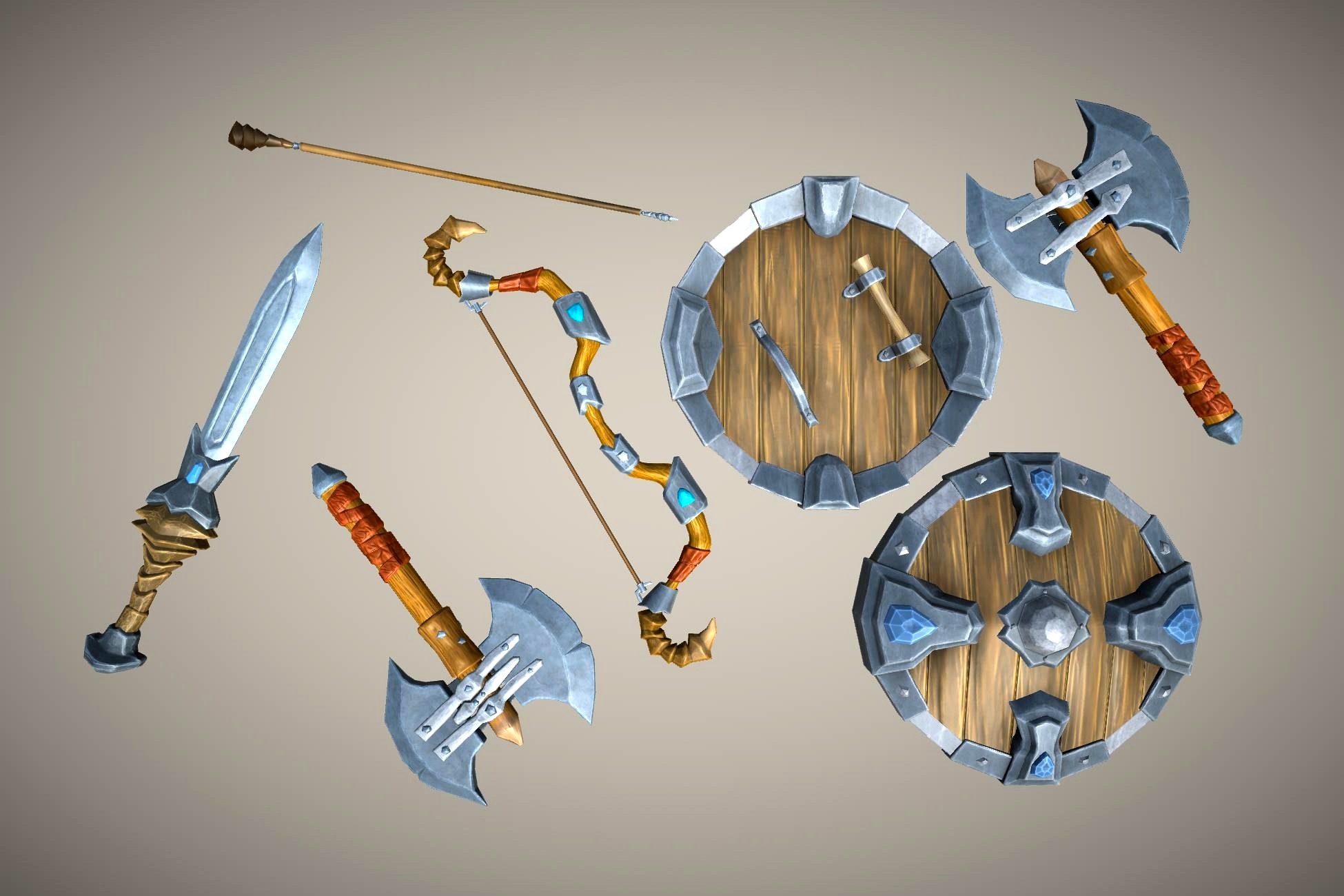Stylized 3D Low Poly Stone Medieval Fantasy Weapons Pack model