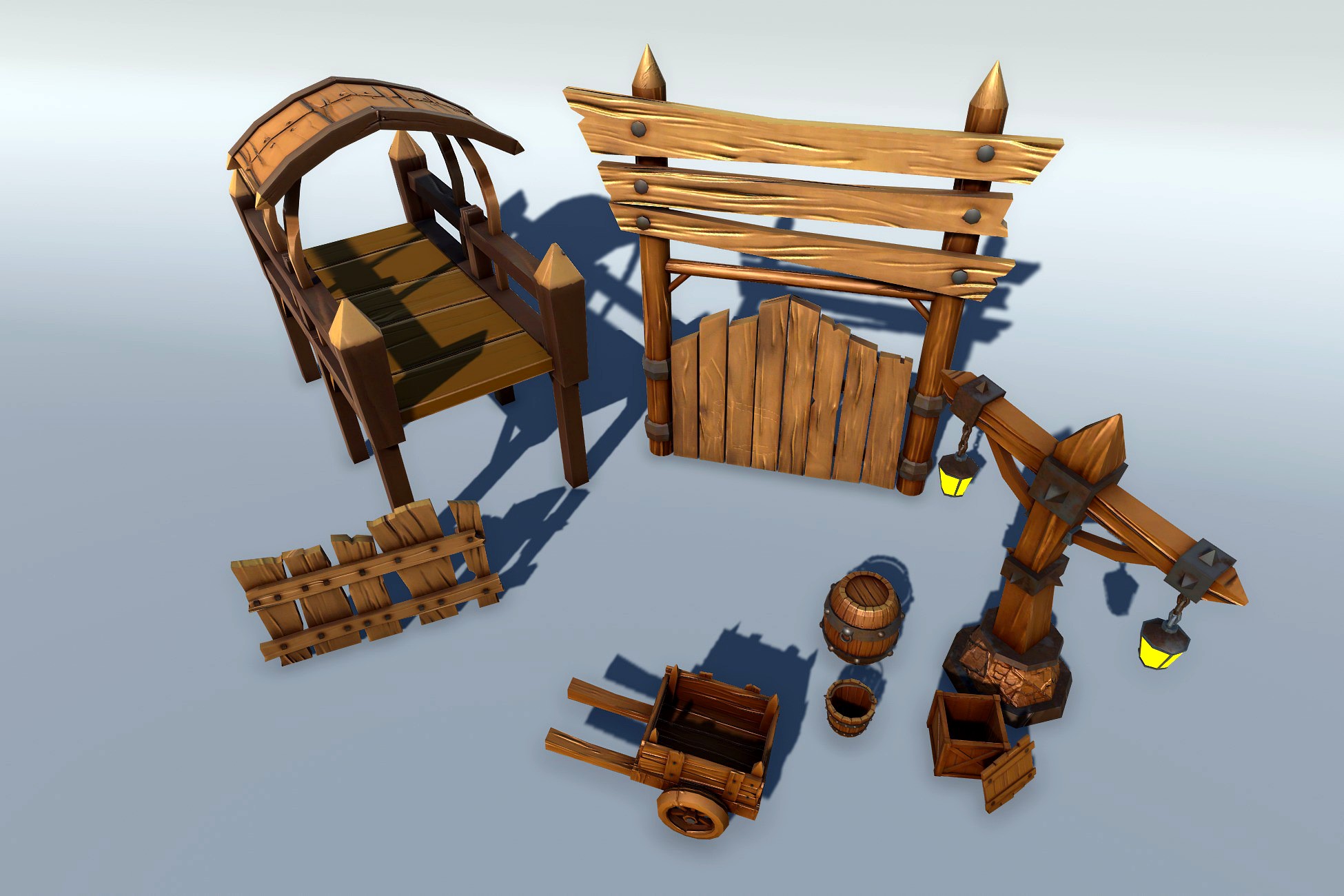 Stylized Wooden Medieval Environment and Props Set Basic Pack 3d model