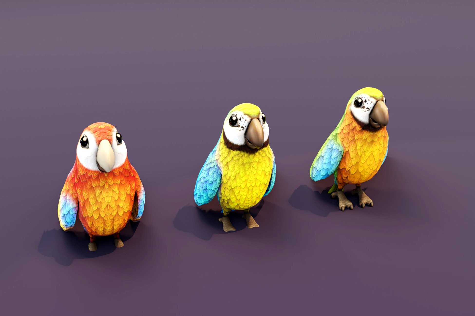 Cartoon Ara Parrot Animated 3D Models Pack