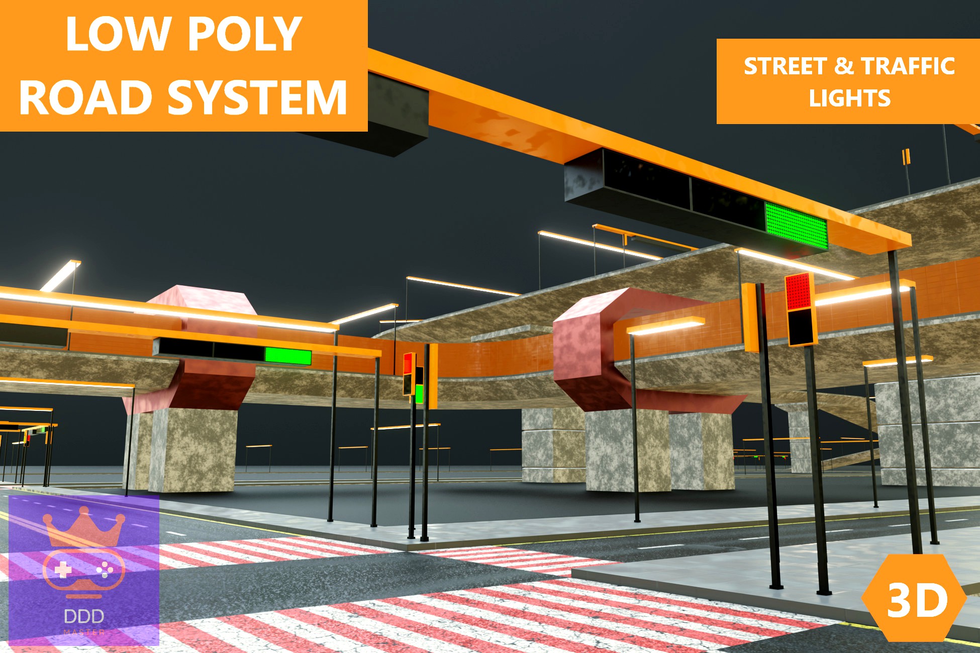 Road System - Modular Roads with Street and Traffic Lights 3d model