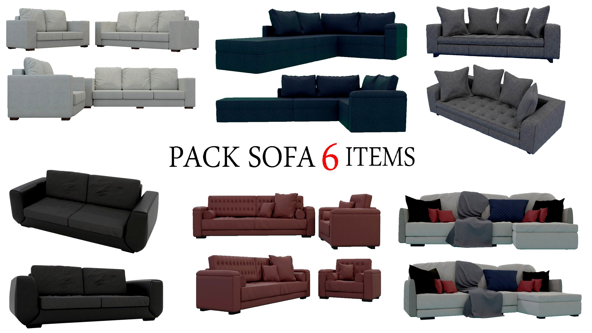 pack sofa 6 items 3d model