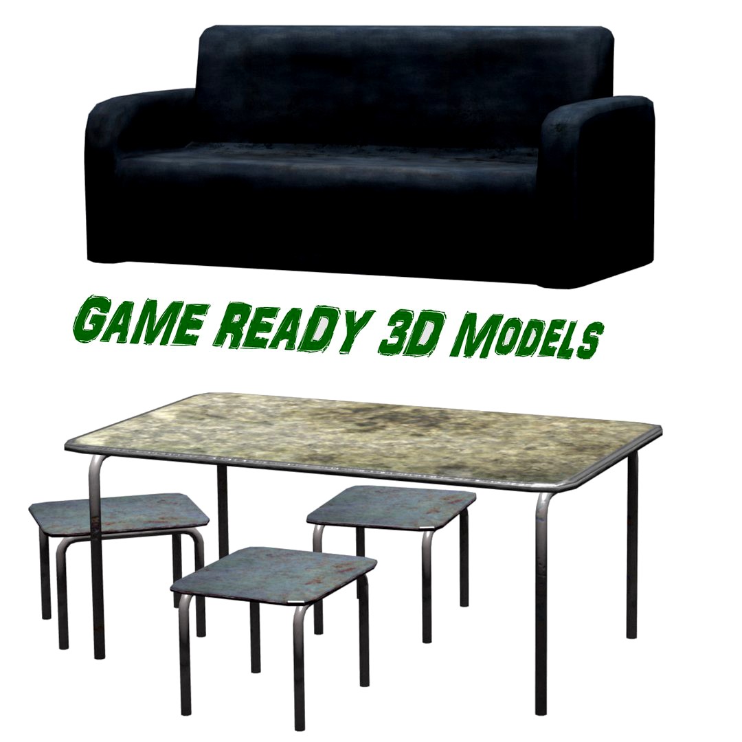 Game ready table footstool and couch 3d model