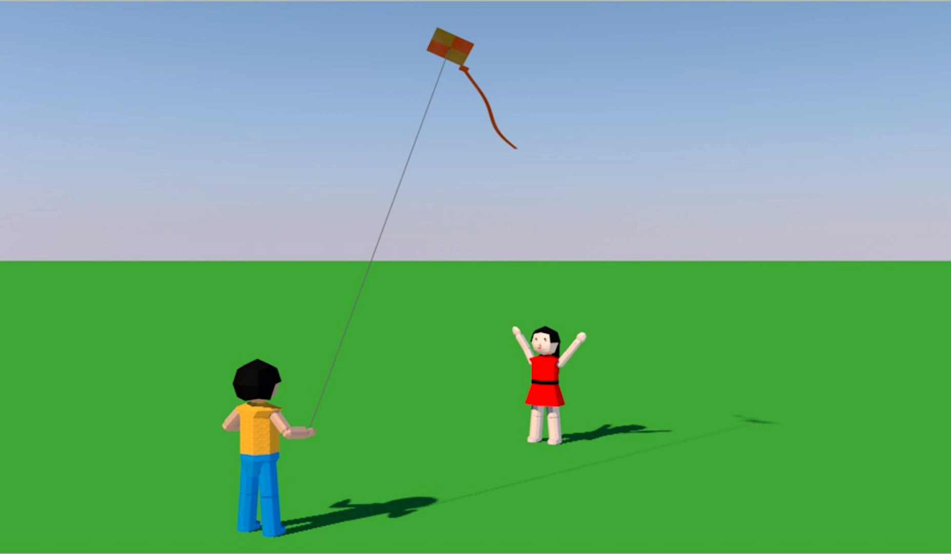 Kids Flying Kite (Animated) 3d model
