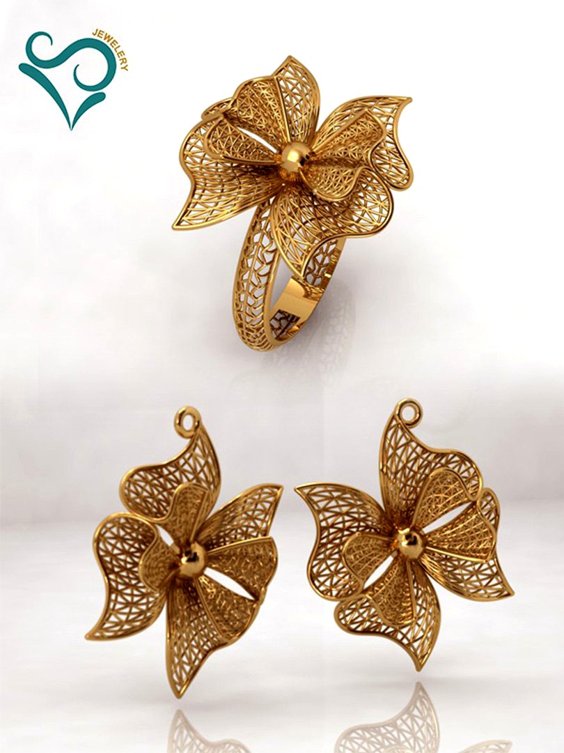 Gold earrings and ring whole set engagement jewel printable 3D print model