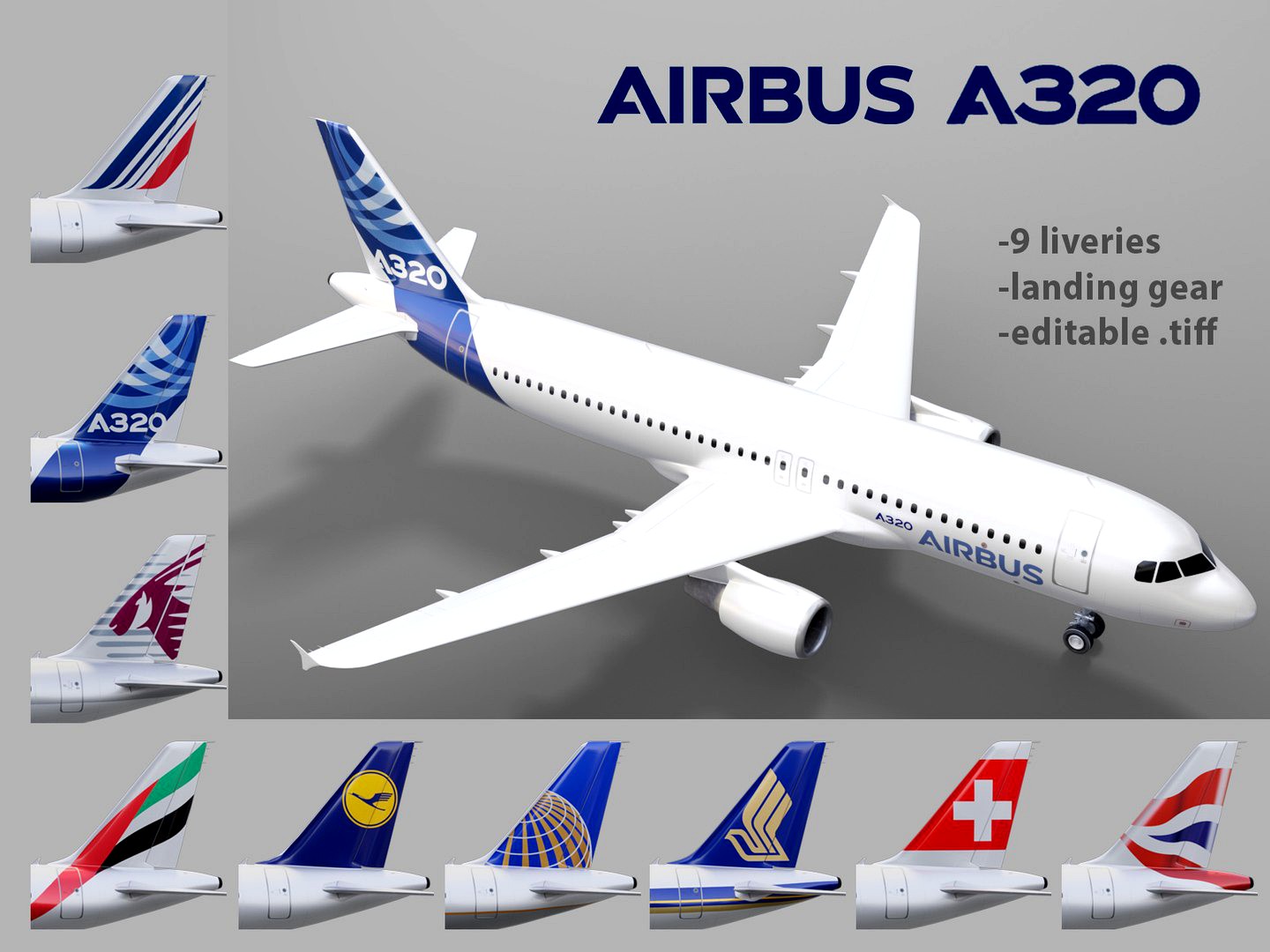 Airbus A320 with landing gear and 9+1 editable liveries 3d model